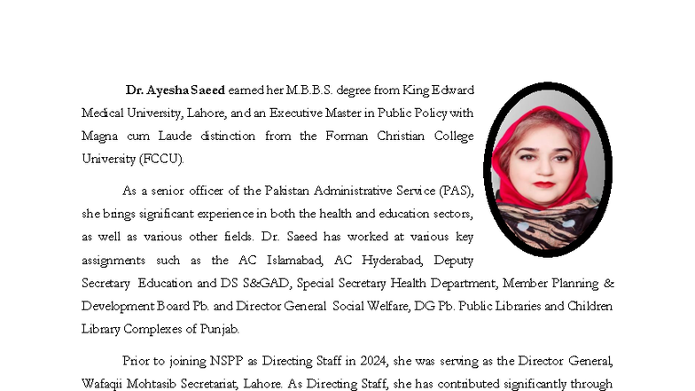 Dr. Ayesha Saeed: Profile & Contributions - BMM - Studocu