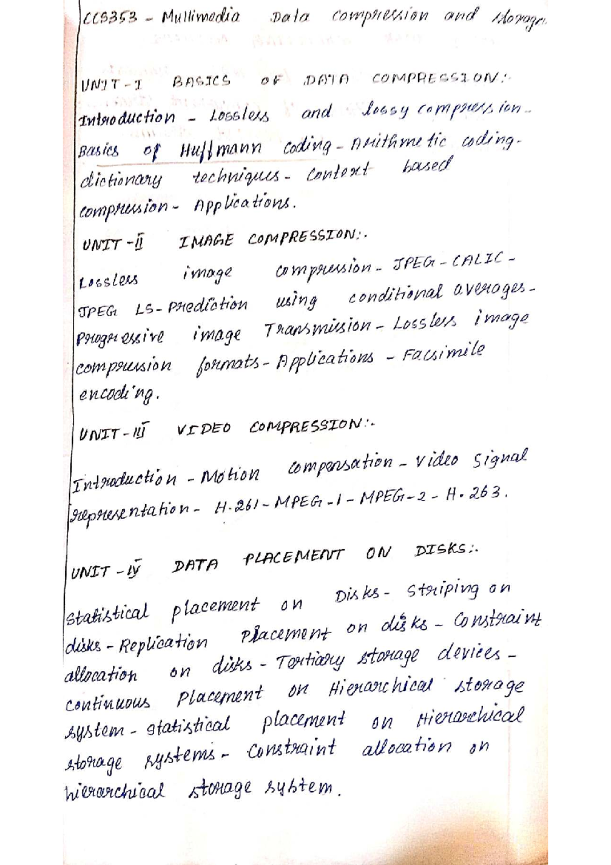 CCS353 Multimedia Data Compression: Lecture Notes on Basics and ...