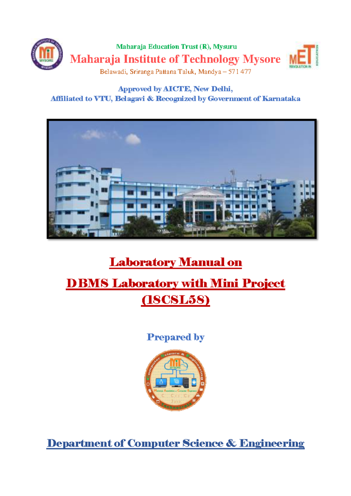CSE 18CSL58 DBMS Lab Manual with Mini Project Guide - Studocu