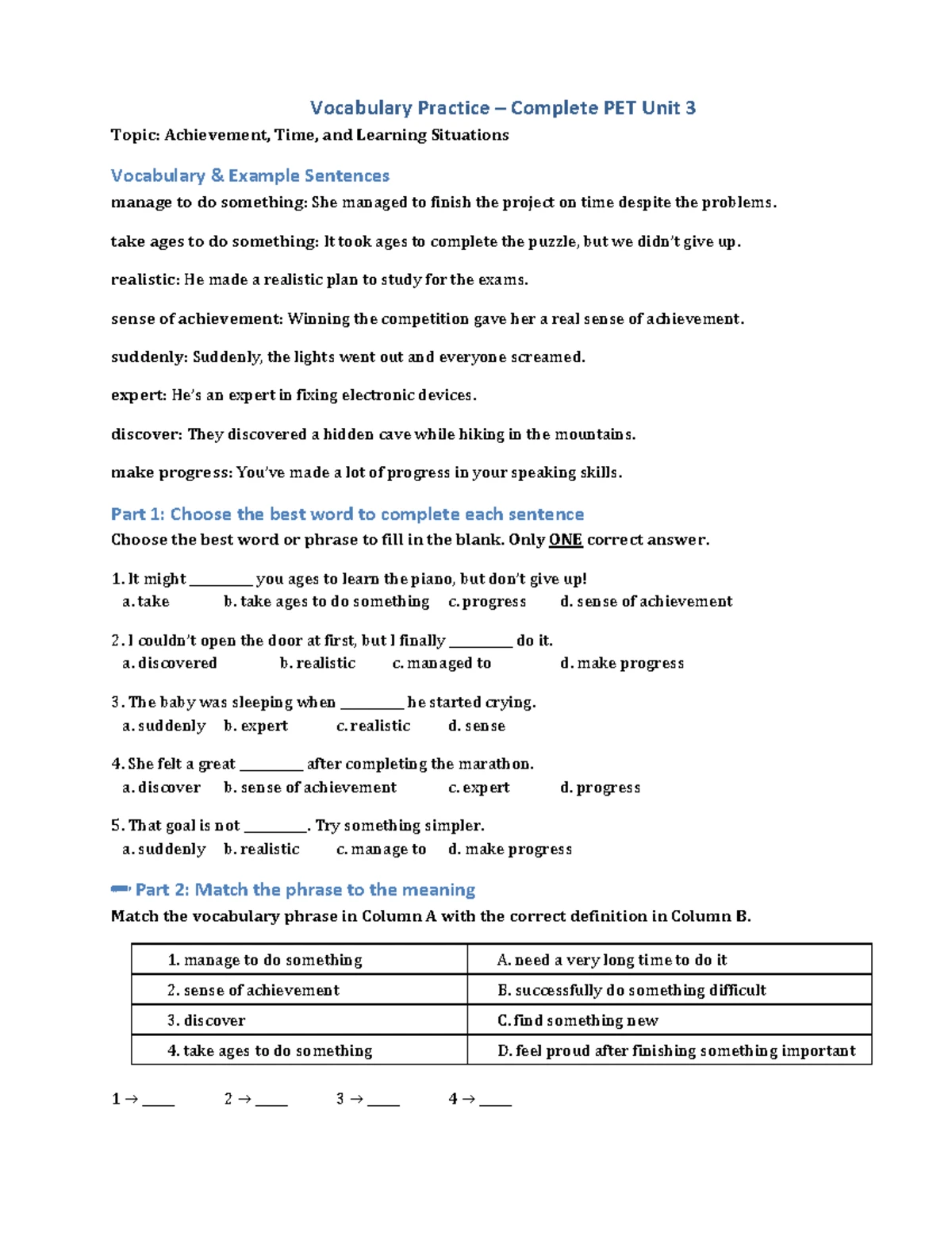 Vocabulary Practice A2 B1: PET Unit 3 - Achievement & Learning - Studocu