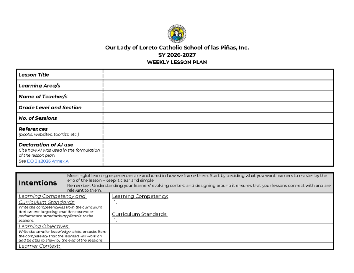 Updated Weekly Lesson Plan Format SY 2026-2027 for OL of Loreto - Studocu