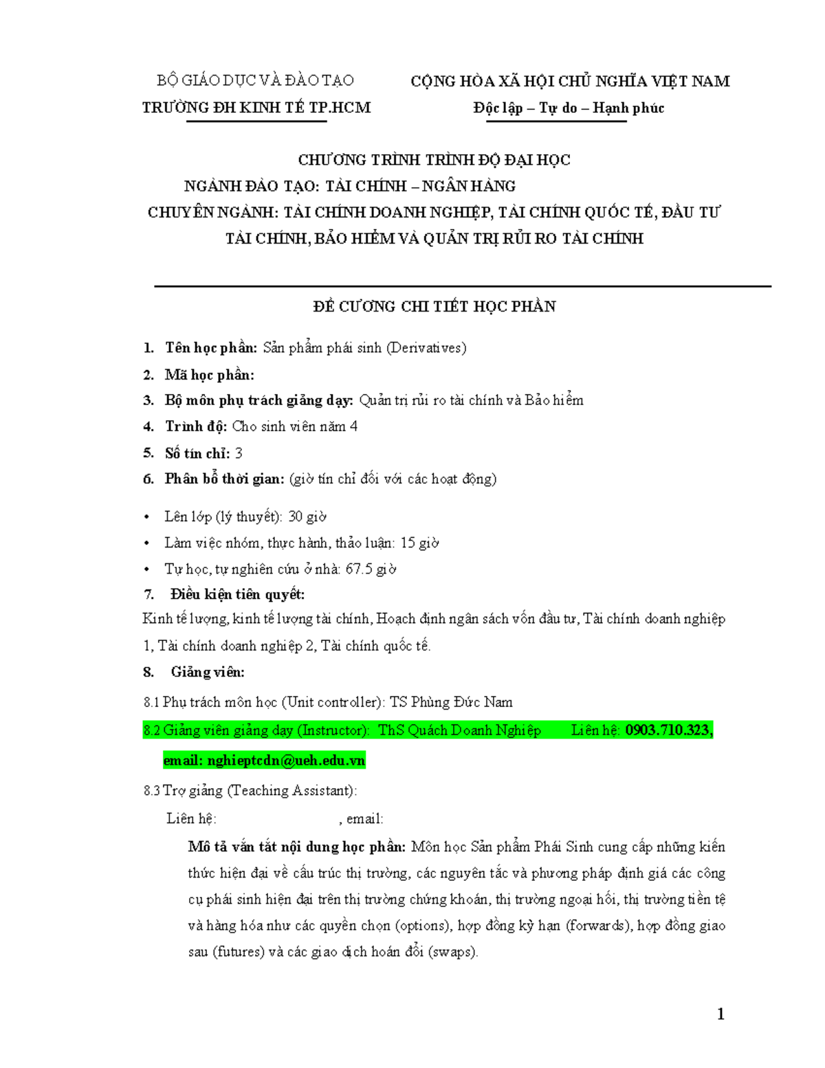 Syllabus SPPS: Sản Phẩm Phái Sinh (Derivatives) - Tài Chính Doanh ...