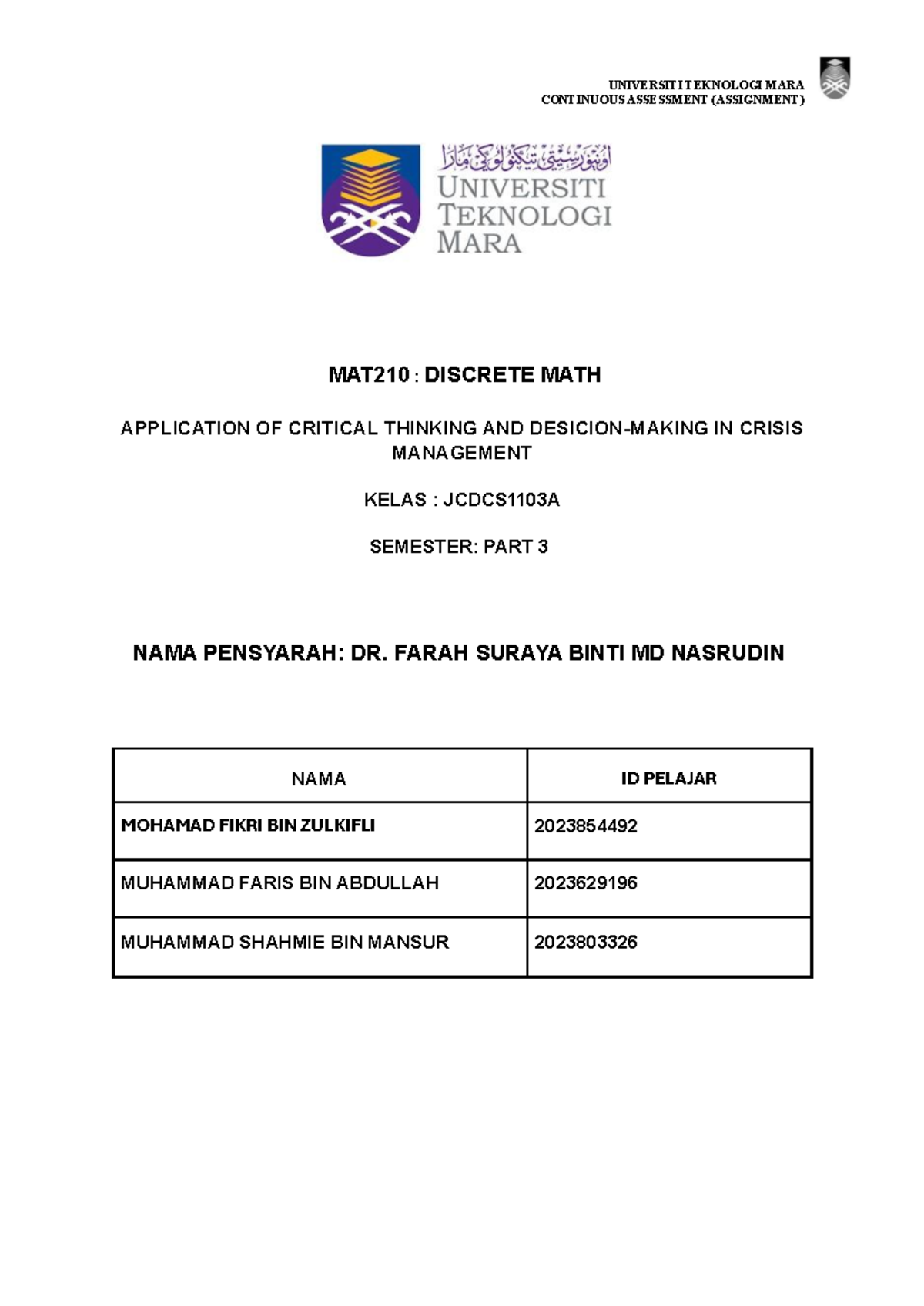 MAT210 Report ( Group 1) - CONTINUOUS ASSESSMENT (ASSIGNMENT) MAT 210 ...