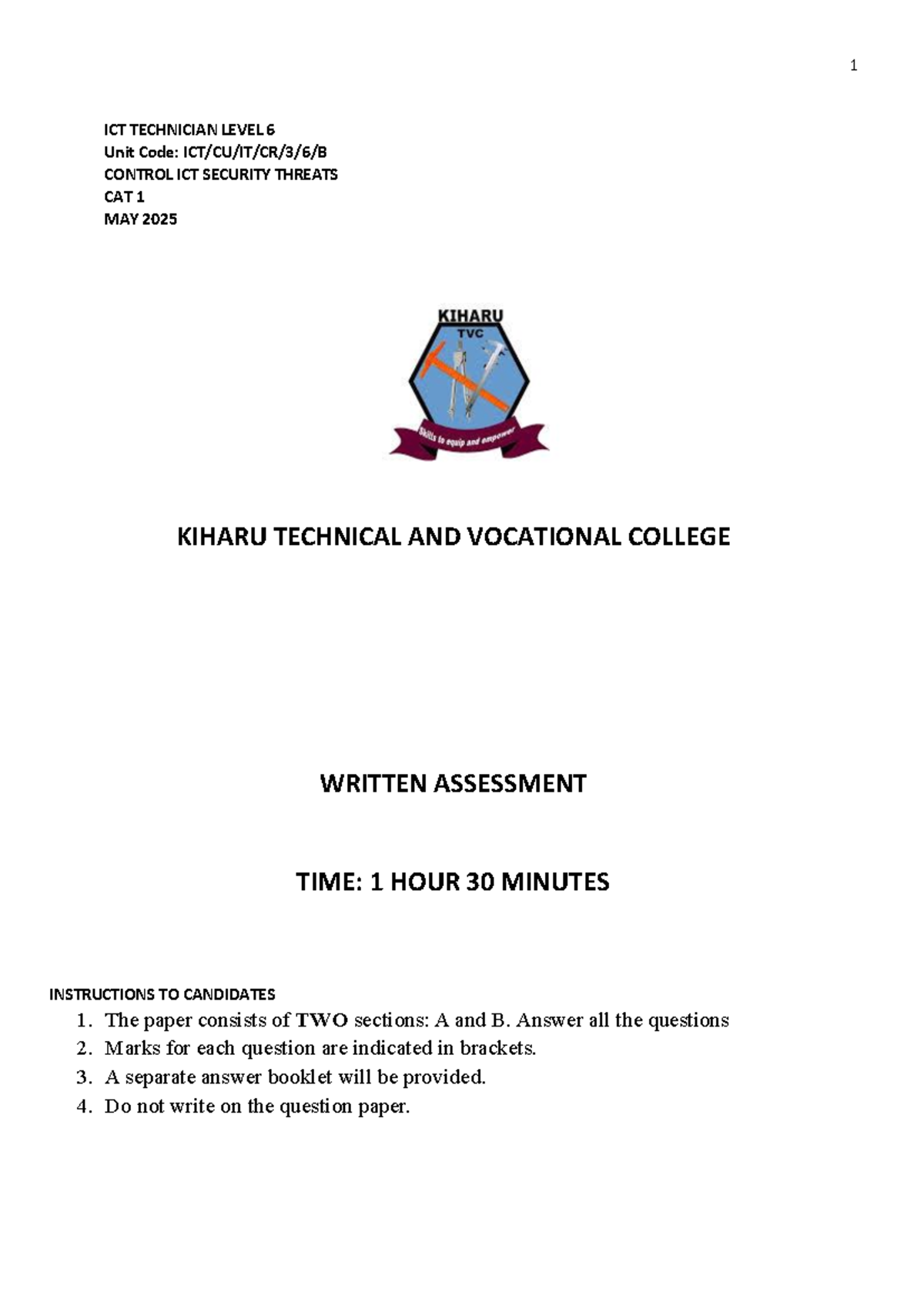 Control of ICT Security Threats - CAT 1 Assessment - Level 6 - Studocu