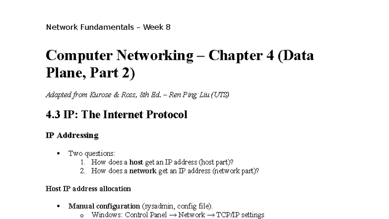 Week 8 NF Lecture Notes: Computer Networking Chapter 4 (Data Plane ...