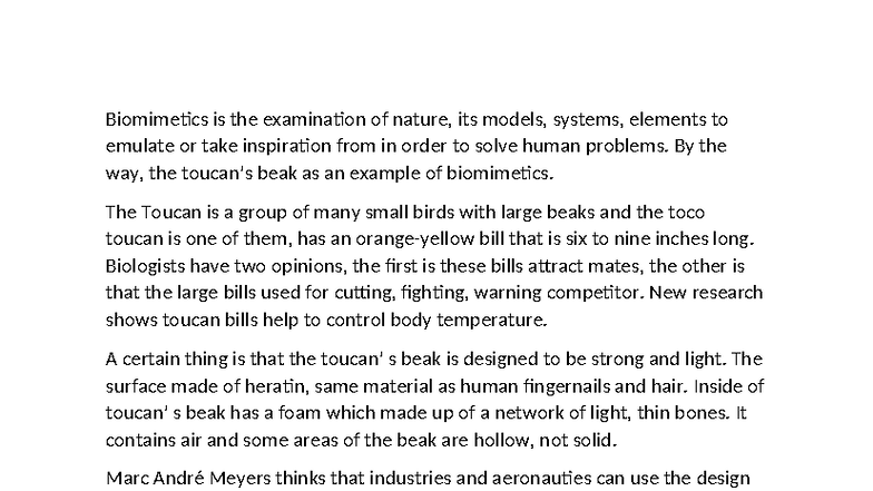 Biomimetic Insights: Toucan Bills & Car Safety Applications - Studocu