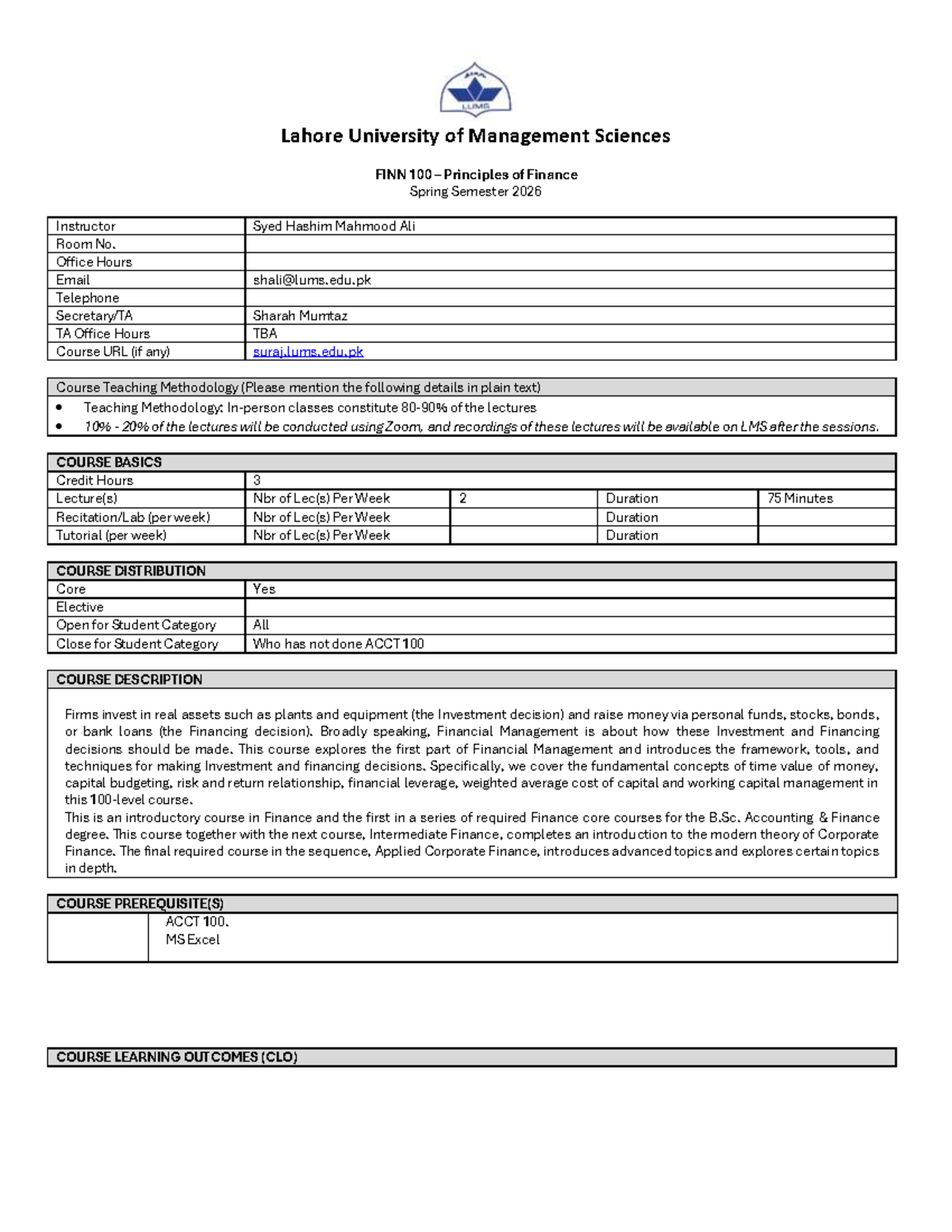 LUMS FINN 100 Course Outline: Principles of Finance Spring 2026 - Studocu