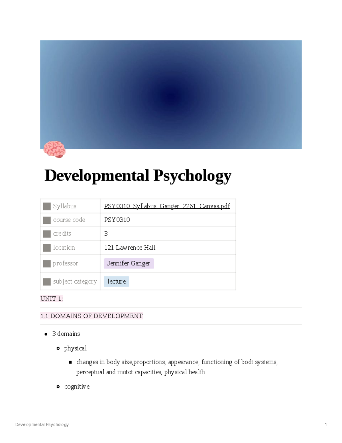 Developmental Psychology Lecture Notes PSY0310 - Childhood Development ...