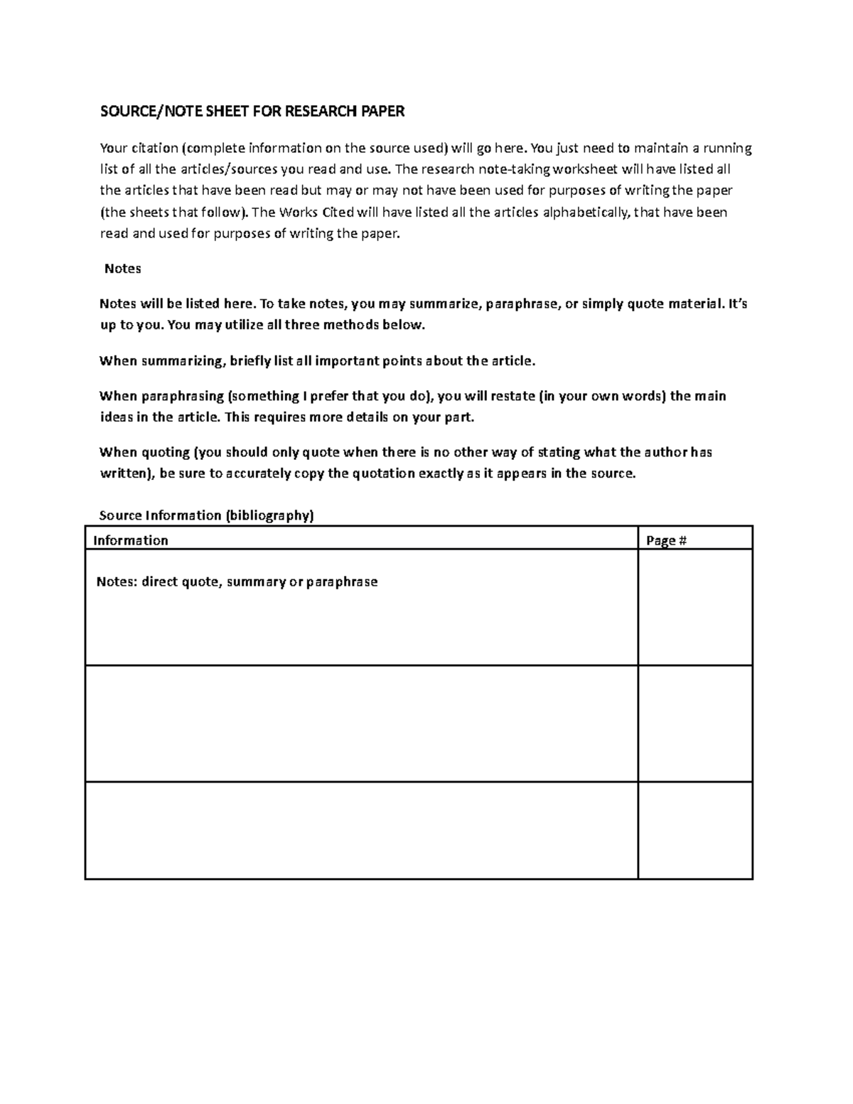 Research Note Taking Worksheet revised - SOURCE/NOTE SHEET FOR RESEARCH ...