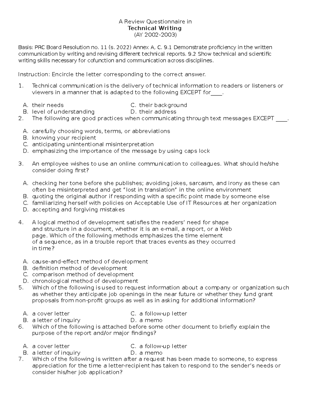 Technical Writing Review Questionnaire (AY 2002-2003) - Studocu