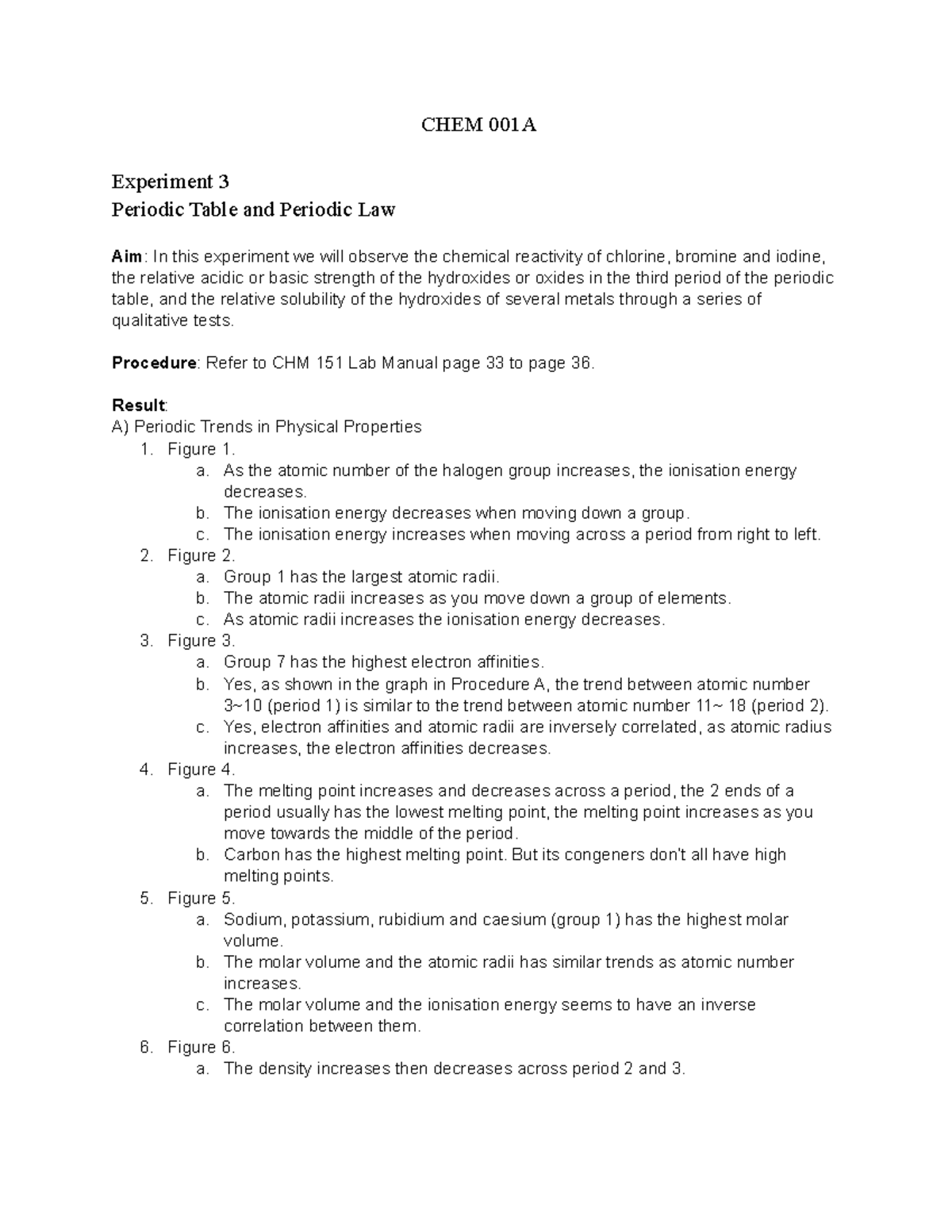 CHM 151 Experiment 3 - Periodic Table Lab Report Analysis - Studocu