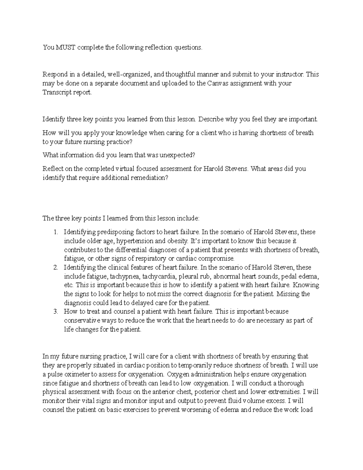 Harold Stevens 2 - Clinical Reflection on Heart Failure Management ...