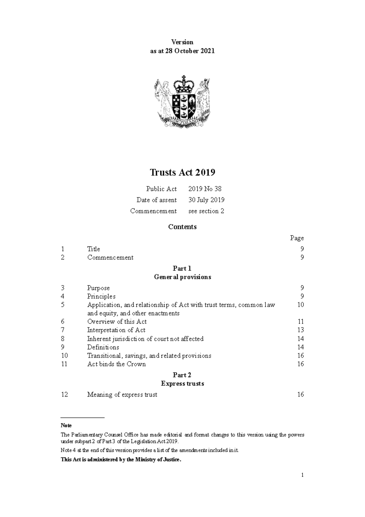 Trusts Act 2019: Version as of 28 October 2021 Overview and Provisions ...