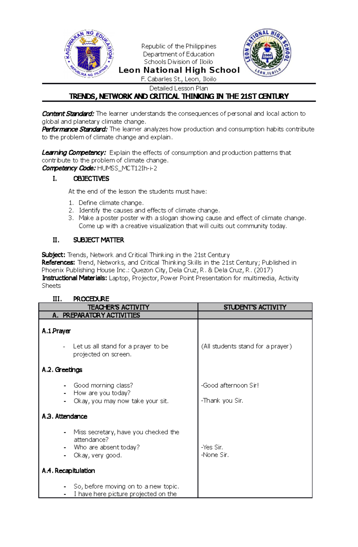 Climate Change - detailed lesson plan - Health and Social Science - Studocu