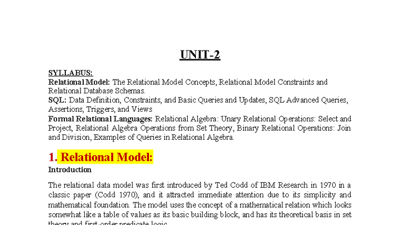 DBMS UNIT-2: Relational Model Concepts, SQL Queries, and Constraints - Studocu