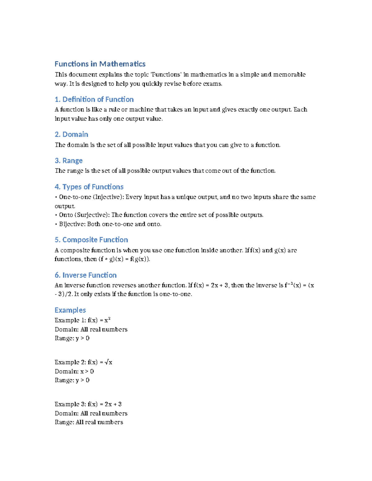 Mathematics Functions Overview: Key Definitions and Concepts - Studocu