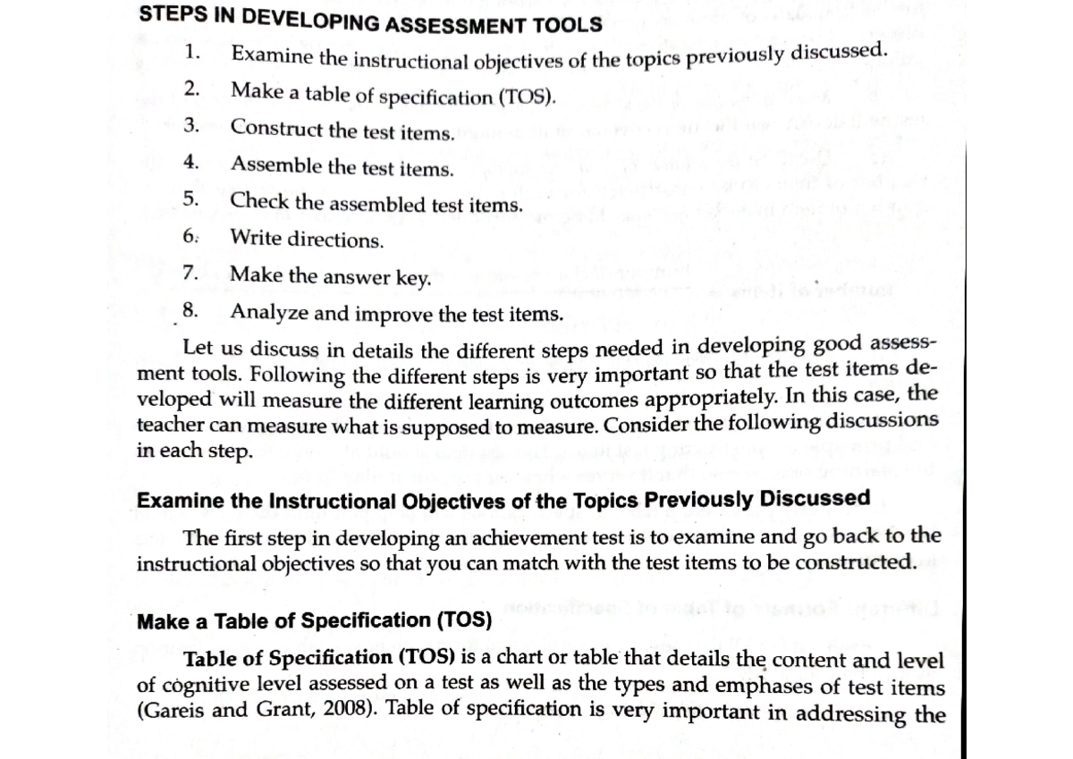 ED 108 Unit 3 Handout - STEPS IN DEVELOPING ASSESSMENT TOOLS 1. Examine ...