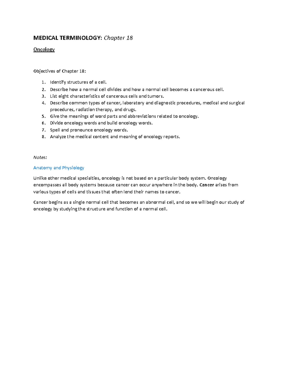 MED TERM Chapter 18: Oncology - Cell Structures and Cancer Types - Studocu