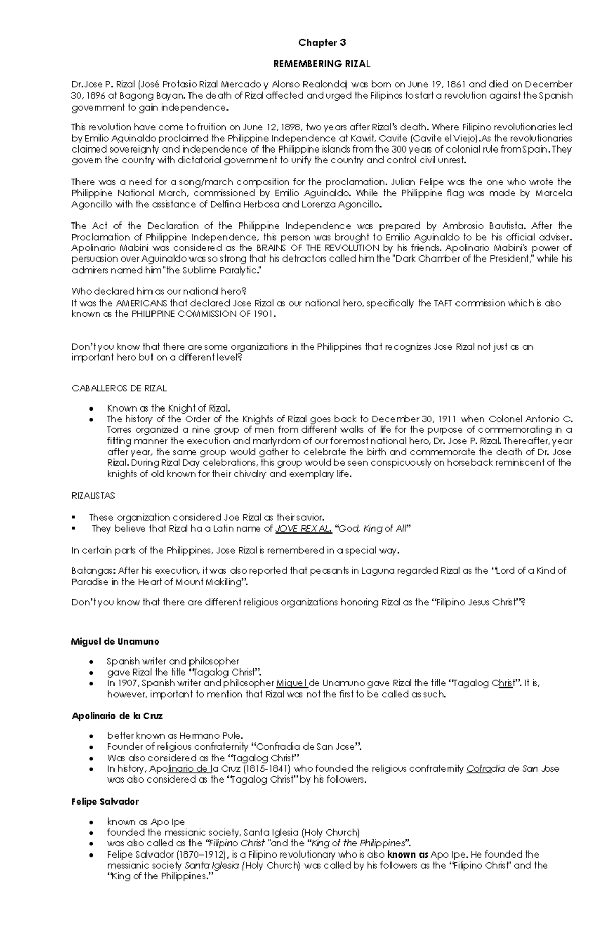 Chapter 24 - Summary of Jose Rizal's Life and Contributions - Studocu
