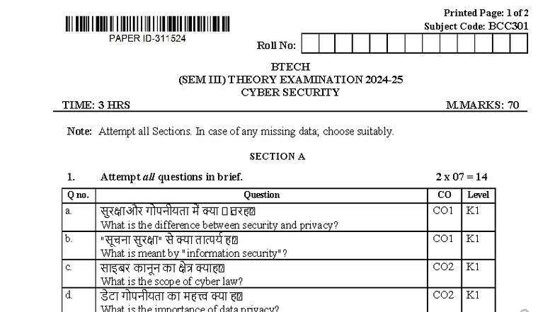 BCC301 BTECH Cyber Security Theory Exam Paper - Studocu