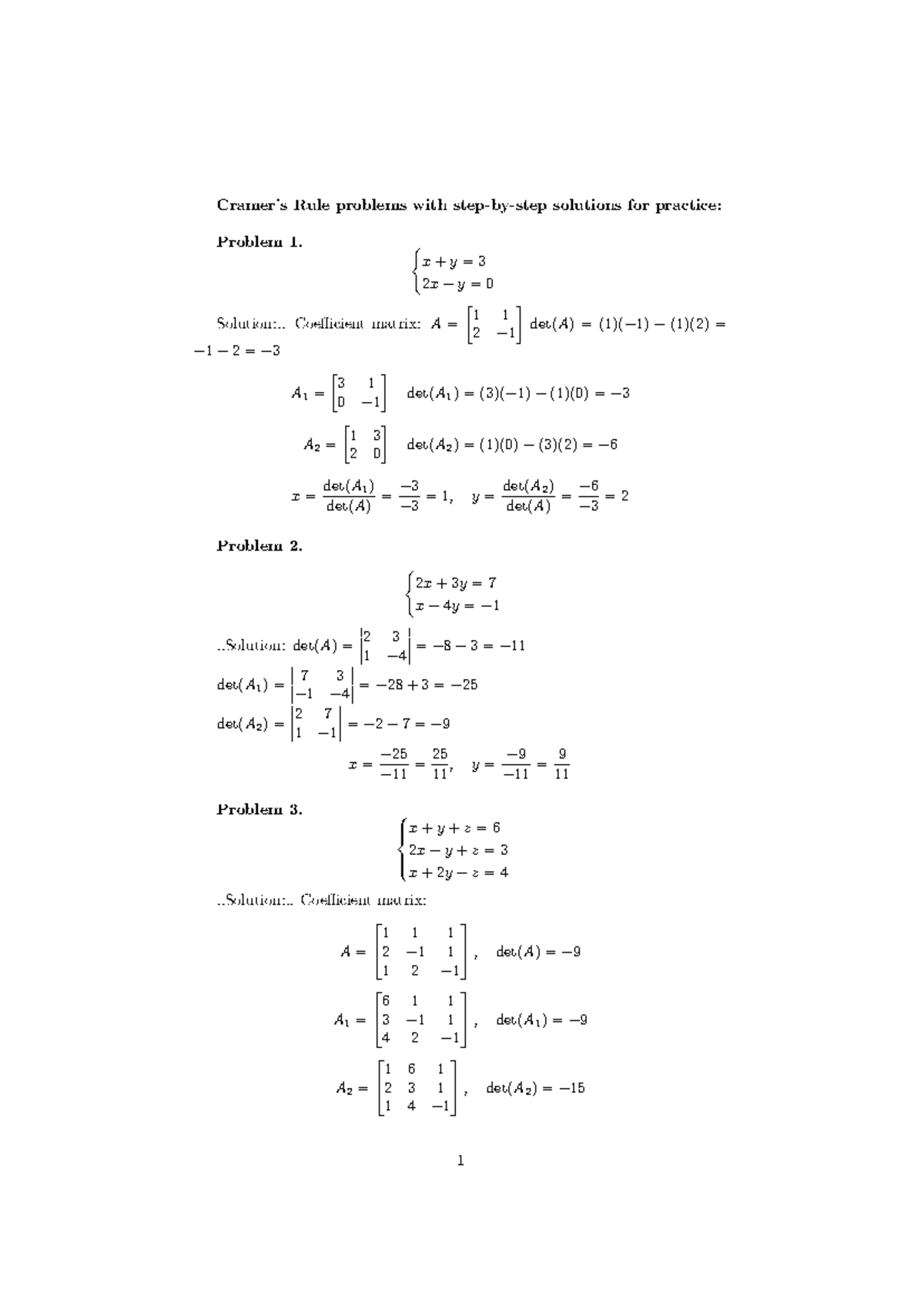 Cramer's Rule Practice Problems with Step-by-Step Solutions (MATH 2 ...