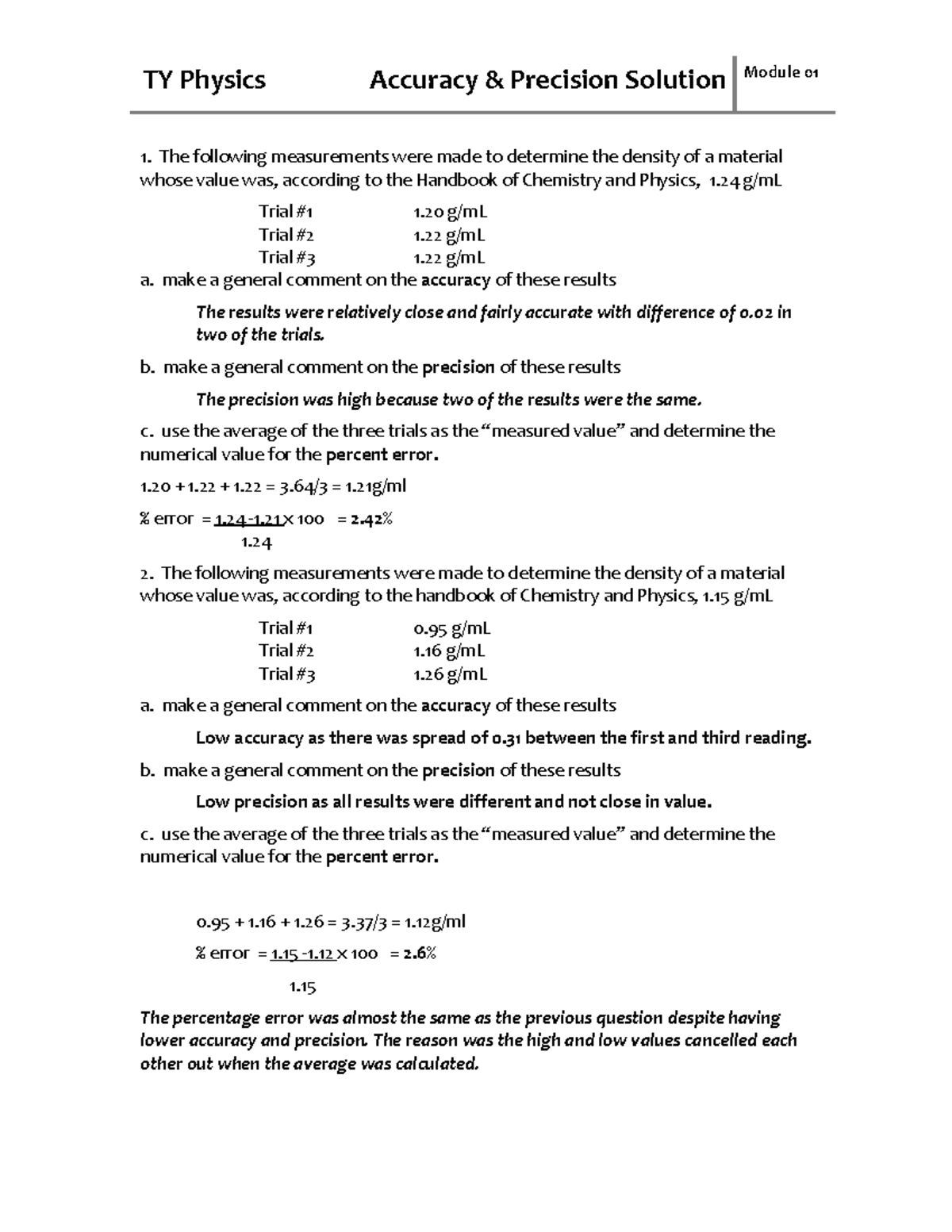 Accuracy & Precision Errors - Solutions for TY Physics Module 01 - Studocu