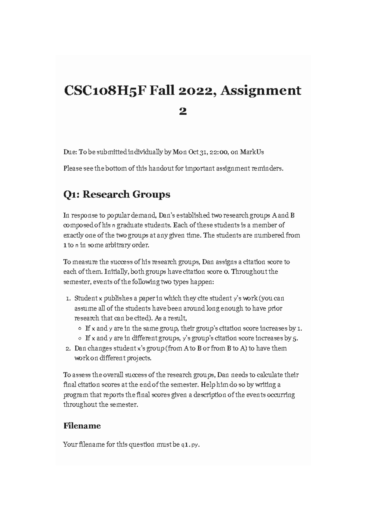 CSC108H5F Fall 2022, Assignment 2 Key Solutions - Studocu