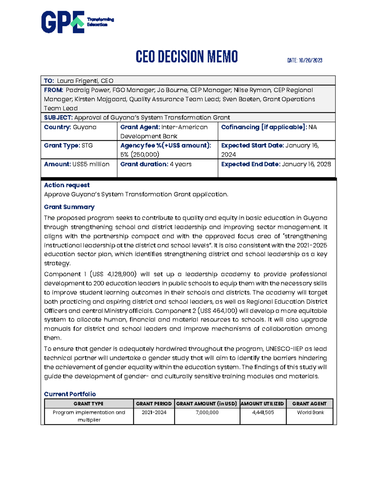 CEO Decision Memo: Approval of System Transformation Grant for Guyana ...
