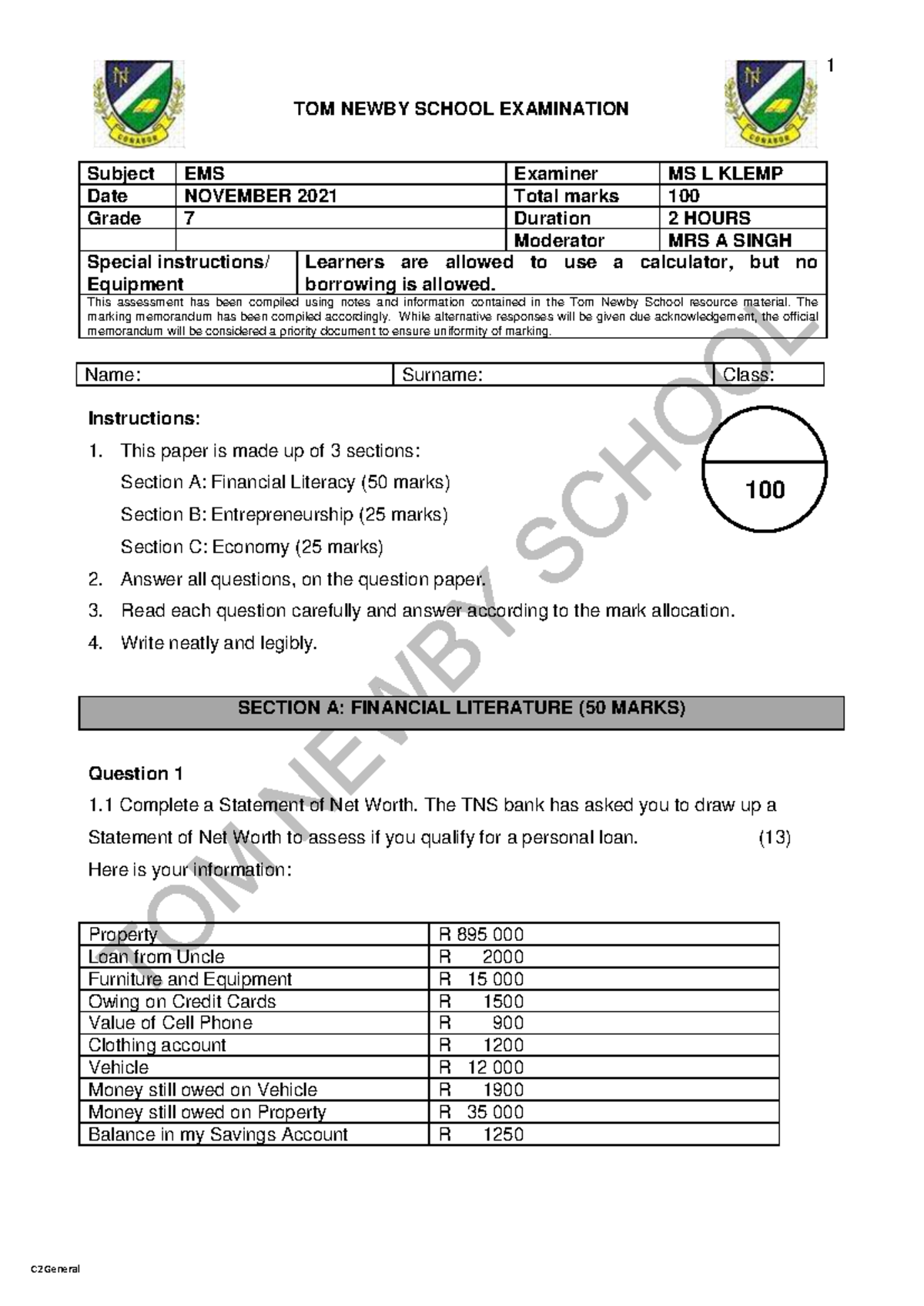 Grade 7 EMS Final Exam November 2021 - Tom New School - Studocu