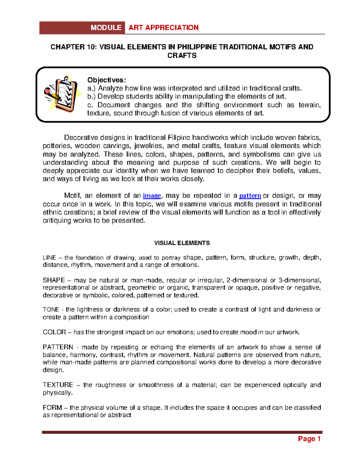 Visual Elements in Philippine Traditional Motifs & Crafts (CH10) - Studocu