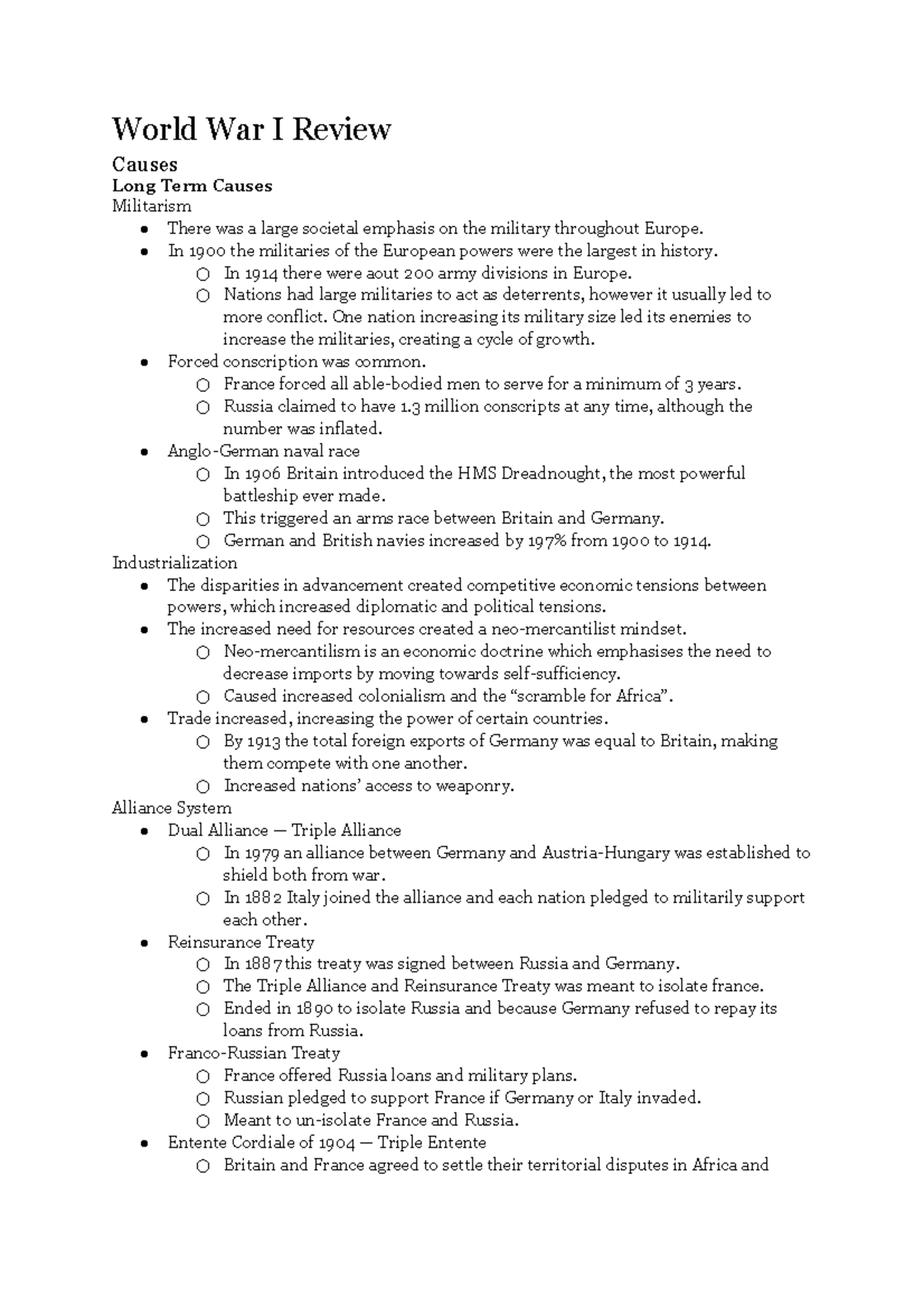 World War I Review - World War I Review Causes Long Term Causes ...