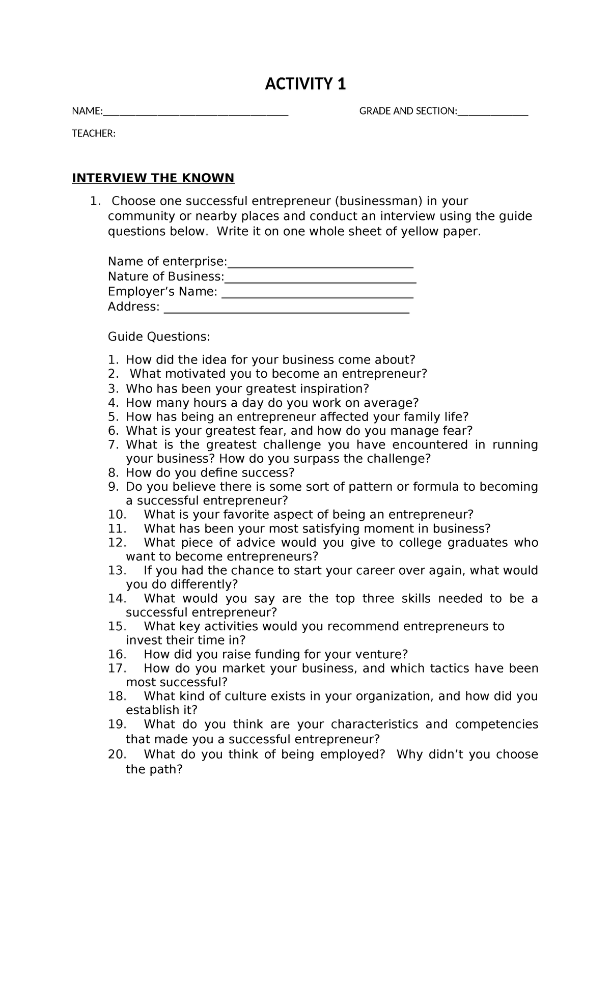 Entrepreneurship Activity: Interviewing Successful Business Leaders ...