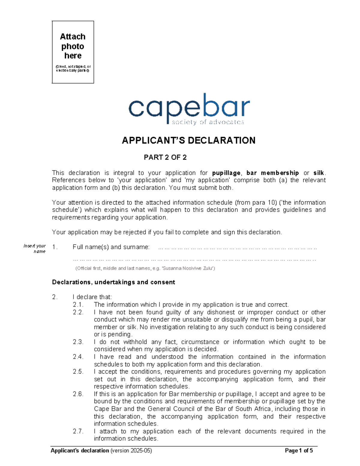 2025 05 Cape Bar Pupillage Declaration Form Part 2 of 2 - Studocu