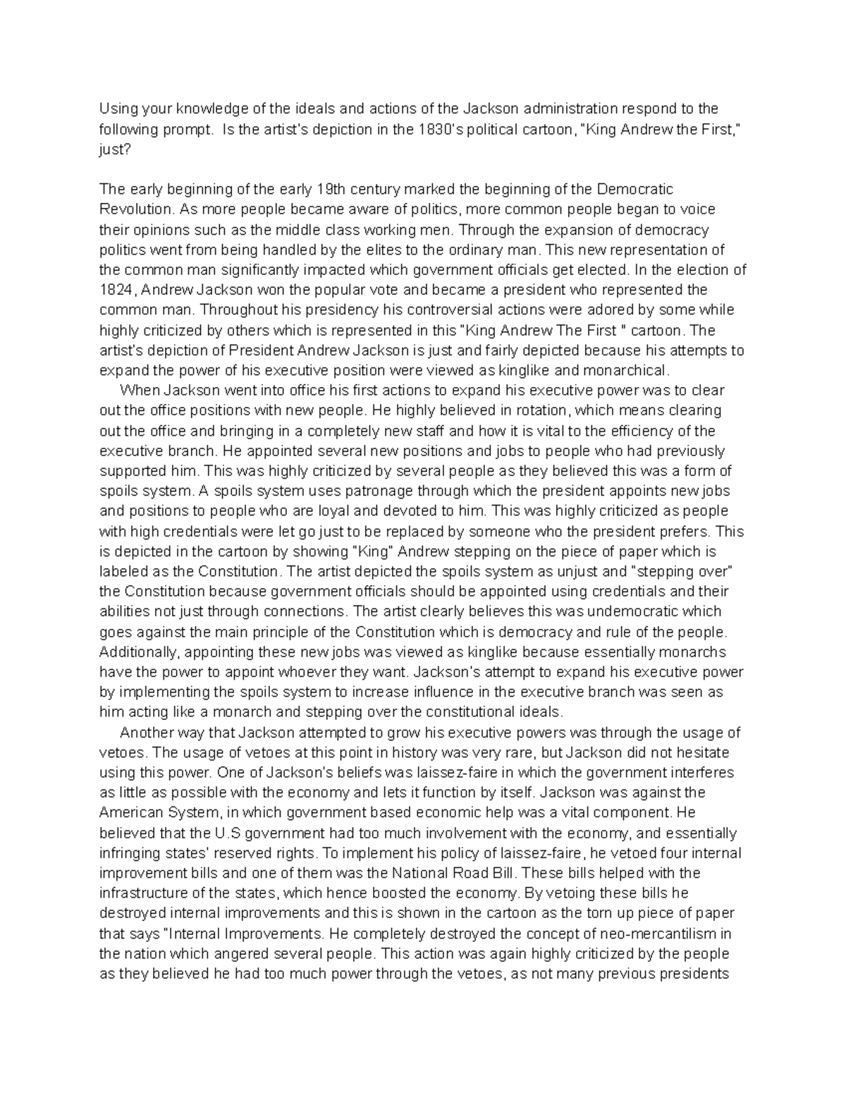 Jackson DBQ Analysis - APUSH - Evaluating "King Andrew the First ...