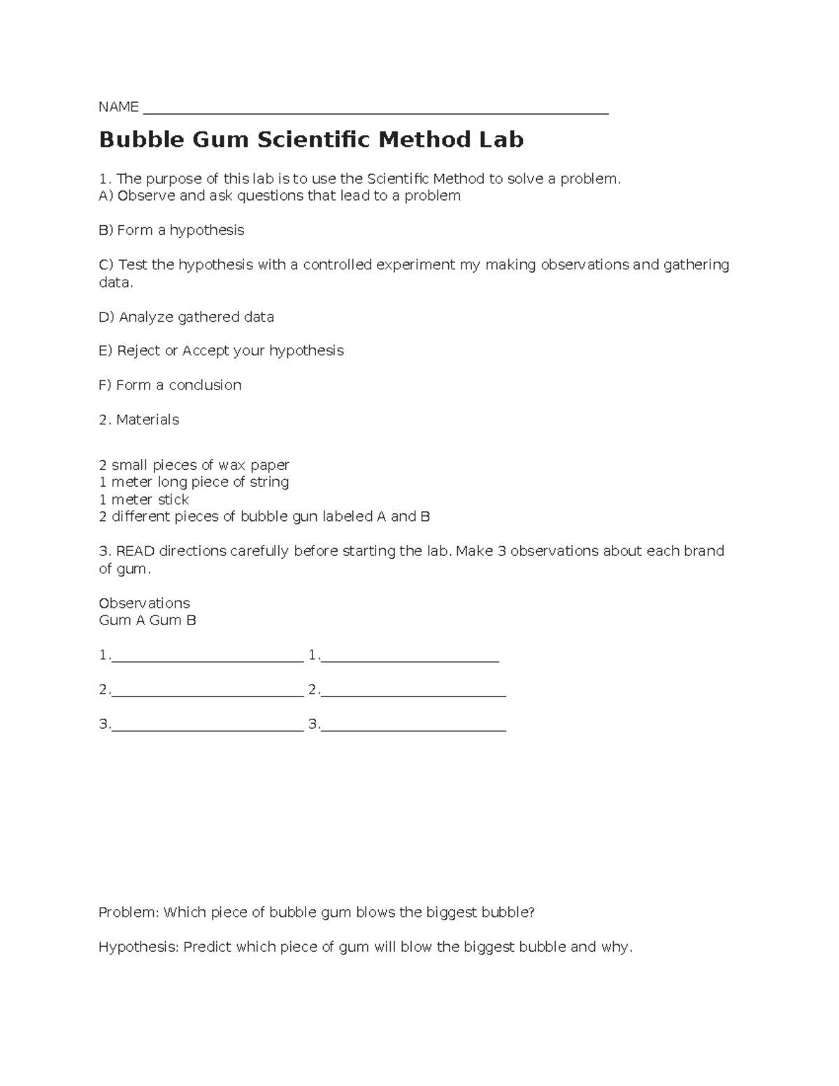 Bubble+Gum Scientific+Method+Lab+2022 - NAME - Studocu