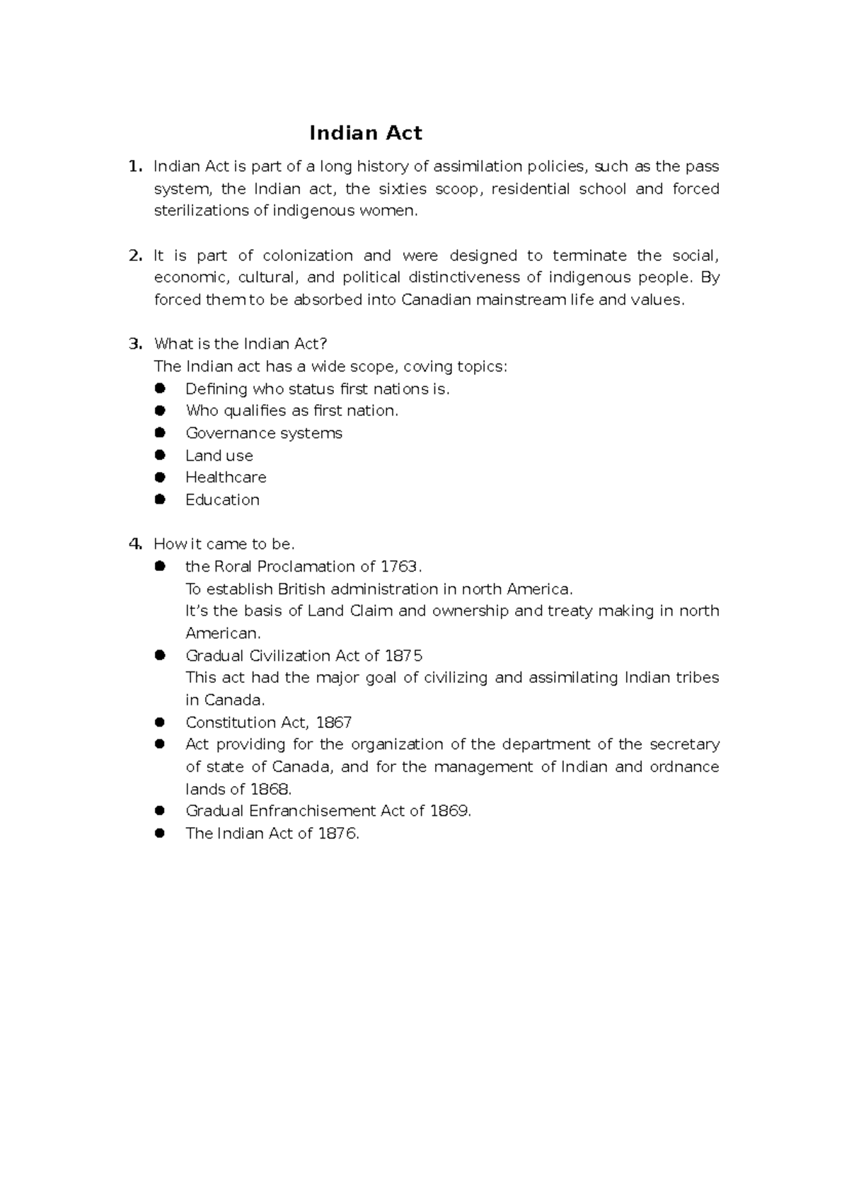 Indian Act - Key Notes on Assimilation Policies and Impact - Studocu