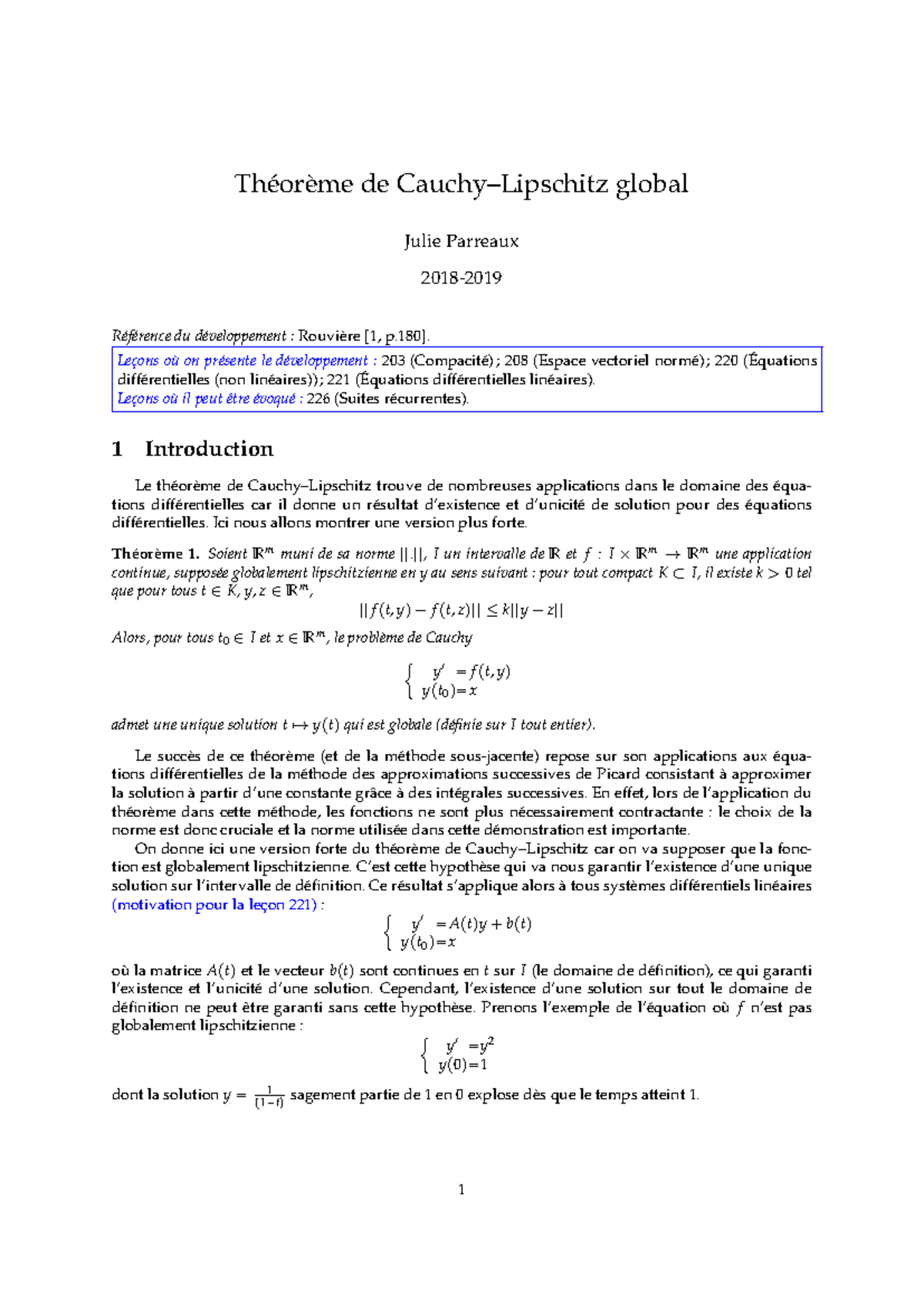 Théorème de Cauchy–Lipschitz Globalisé et ses Applications - Studocu