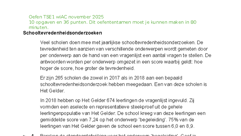 Oefentoets TSE1 wiAC November 2025: Schooltevredenheid en Statistiek ...