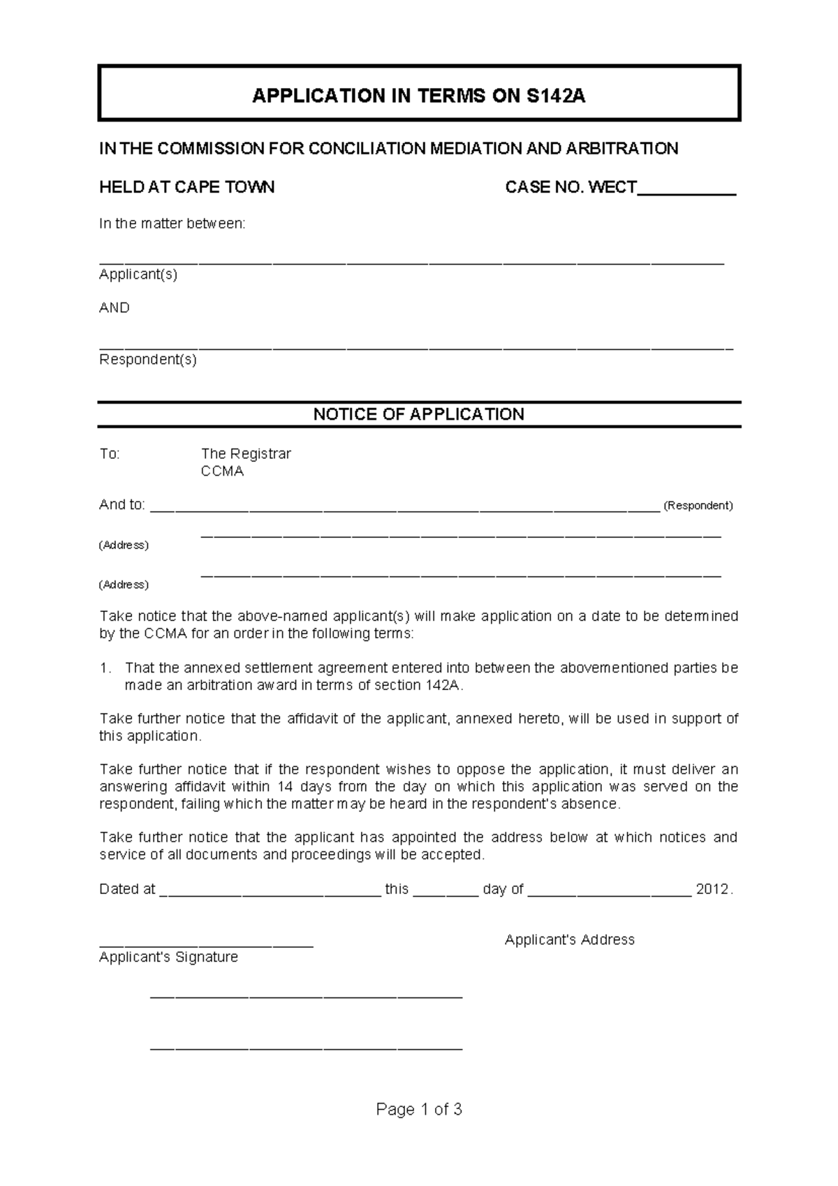 S142A - Application for Arbitration Award in CCMA Case WECT ...
