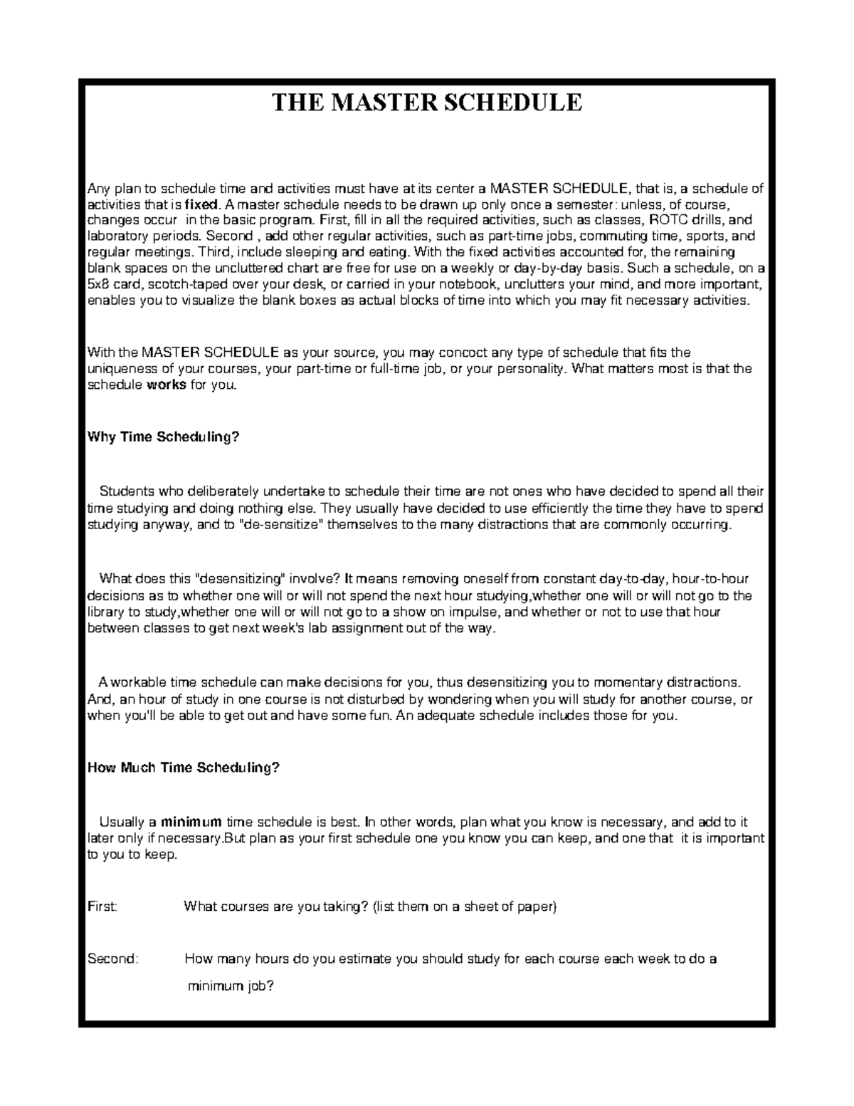 Master Schedule I Week 10 - THE MASTER SCHEDULE Any plan to schedule ...