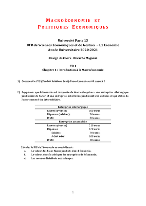 [Solved] Exercices licence 1 conomie gestion - Macroéconomie L1 (MCRO L1) - Studocu