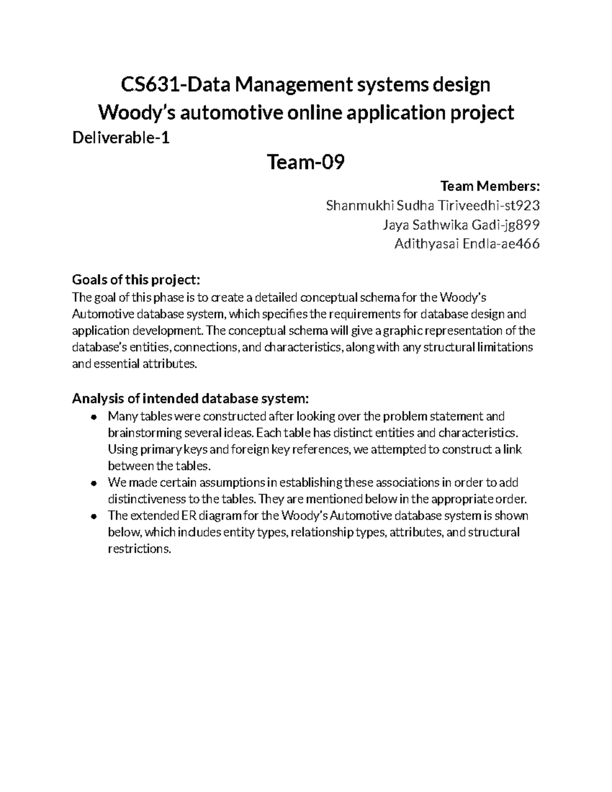 Project Deliverable 1 - CS631-Data Management systems design Woody’s ...