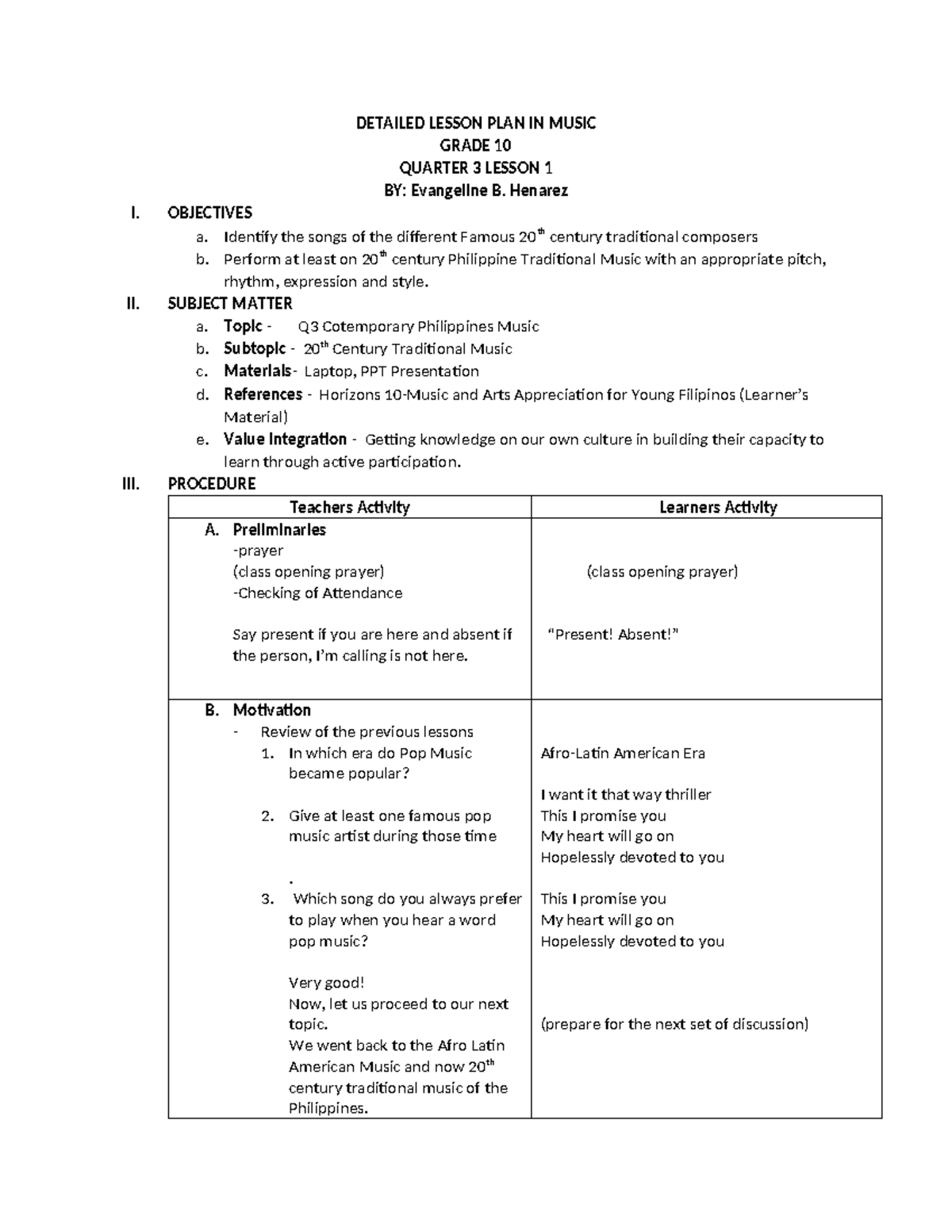 Detailed Lesson Plan in Music (Grade 10, Q3, Week 1) - Studocu