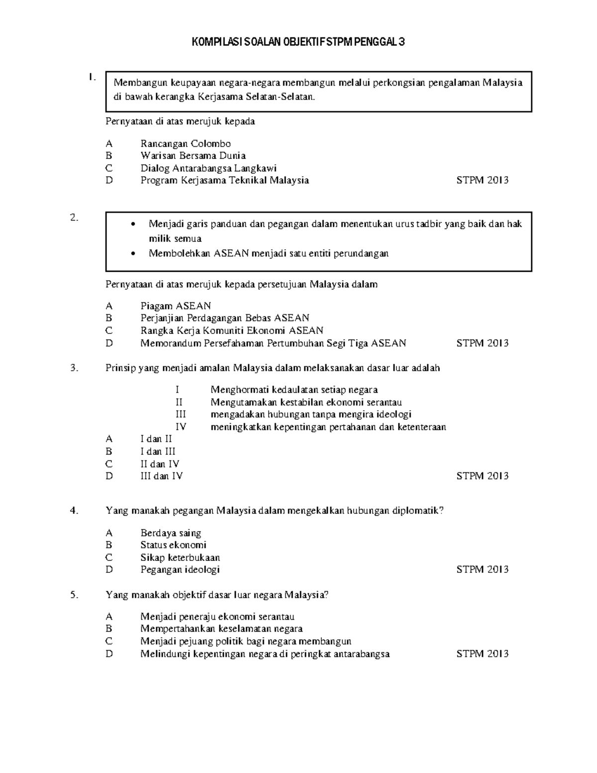 Kompilasi Soalan Objektif STPM Penggal 3: Ujian dan Jawapan - Studocu