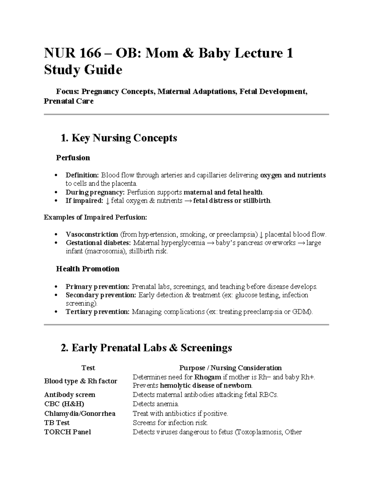 NUR 166 OB: Lecture 1 Study Guide on Pregnancy & Maternal Health - Studocu