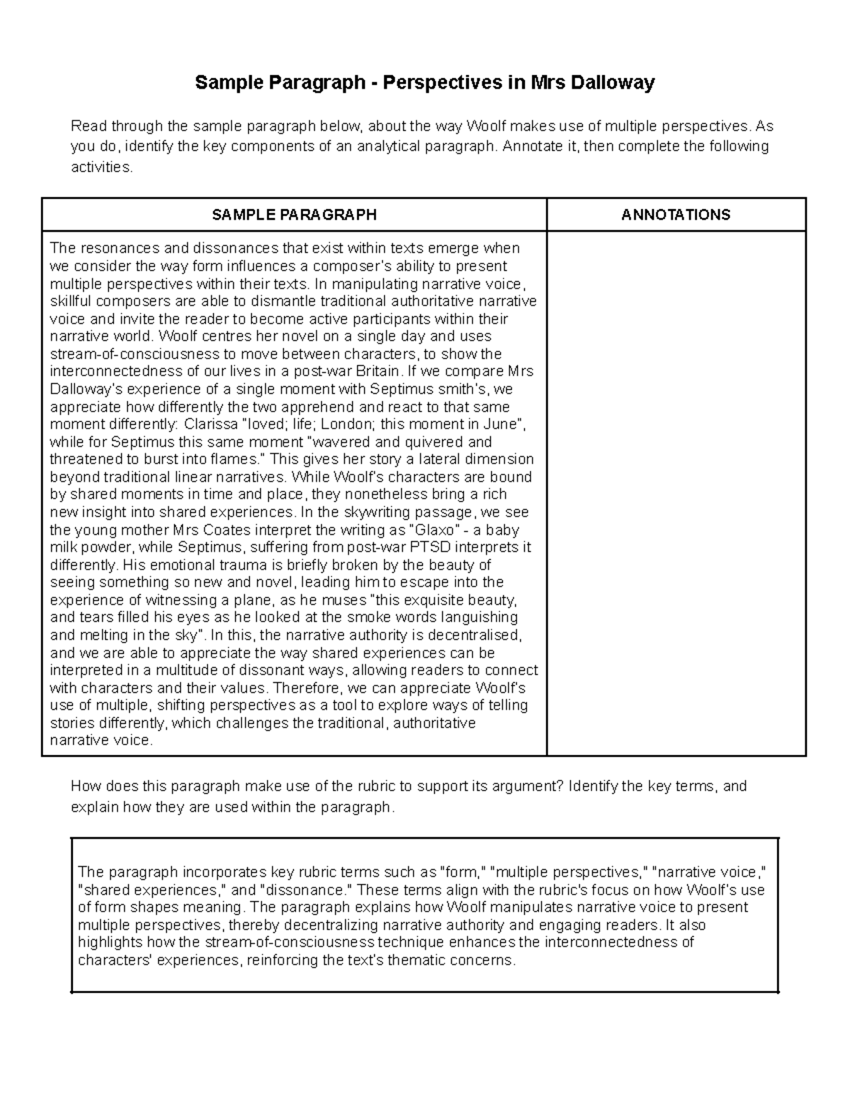 Sample Paragraph Analysis: Multiple Perspectives in Mrs Dalloway - Studocu