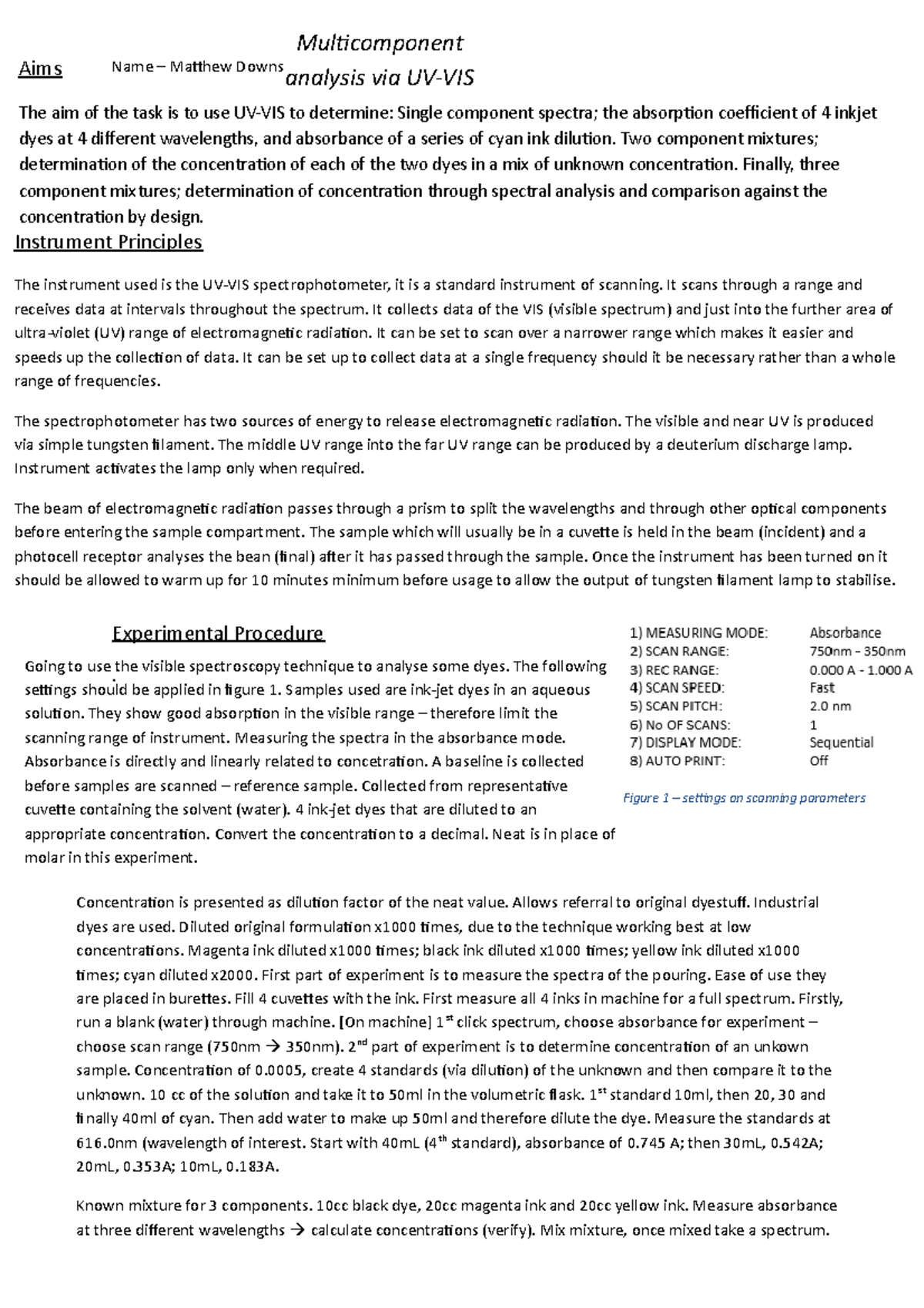 UV-VIS report - Multicomponent analysis via UV-VIS - Name – Matthew ...
