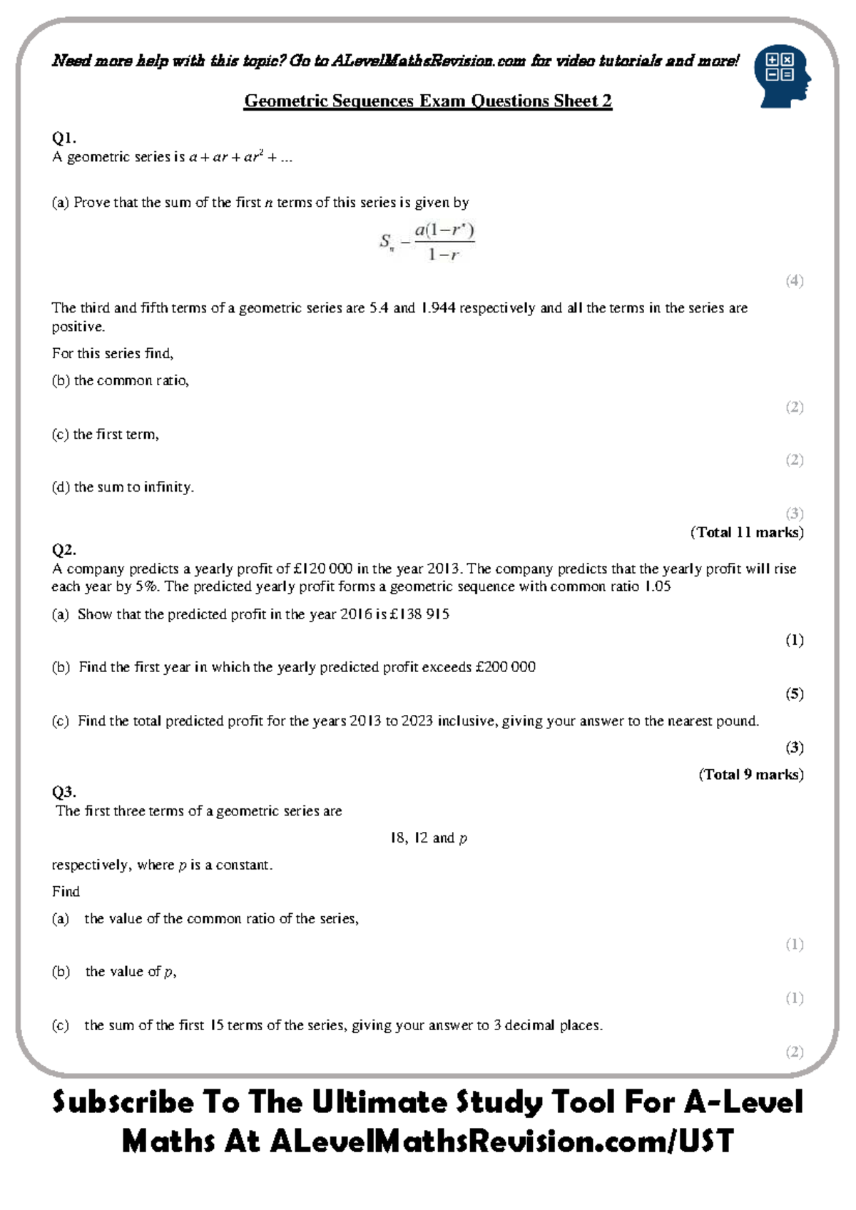 Geometric Sequences Exam Questions Sheet 2 - Y2 Pure Maths - Studocu