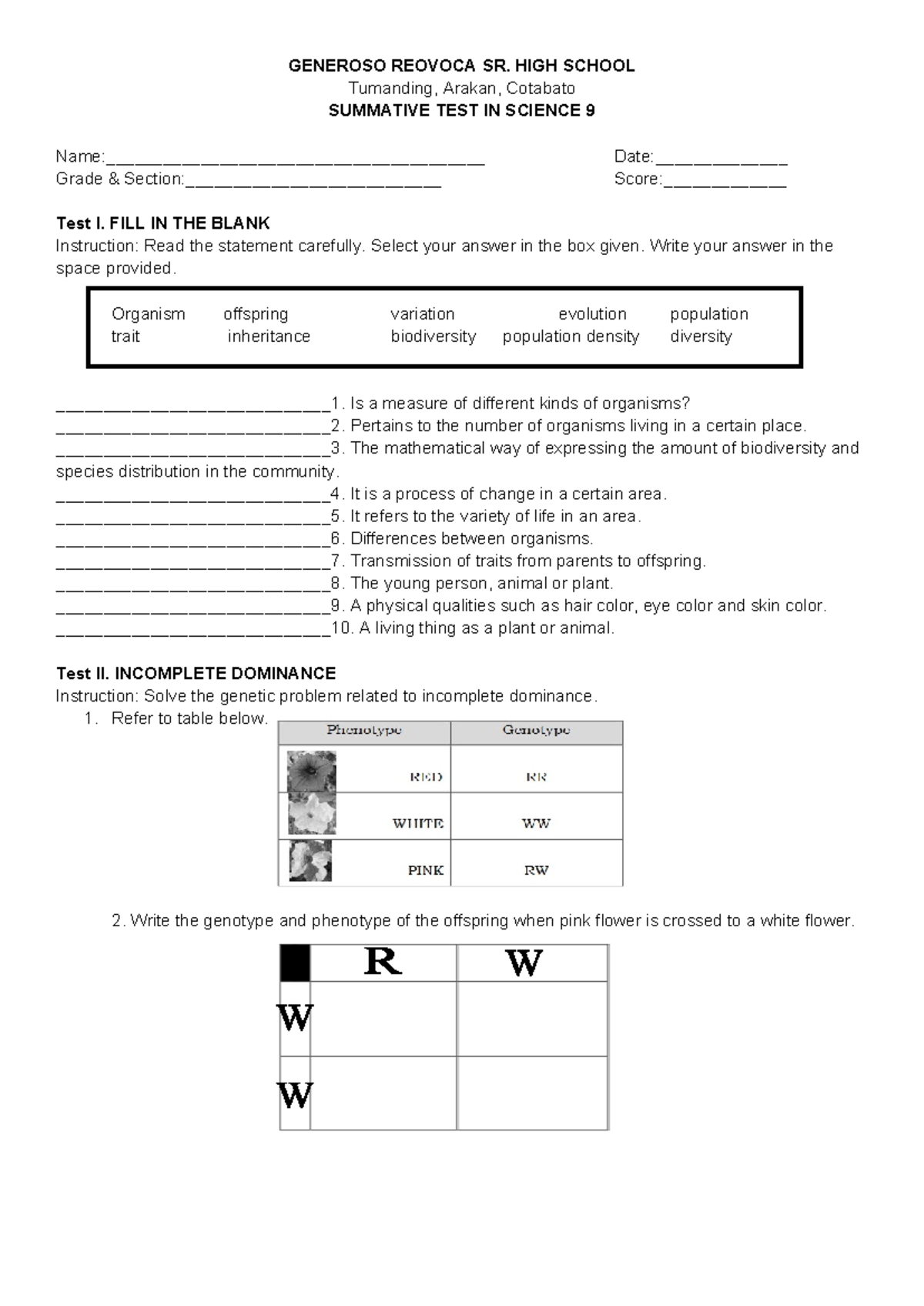 Science 9 - Summative Test on Inheritance & Biodiversity - Studocu