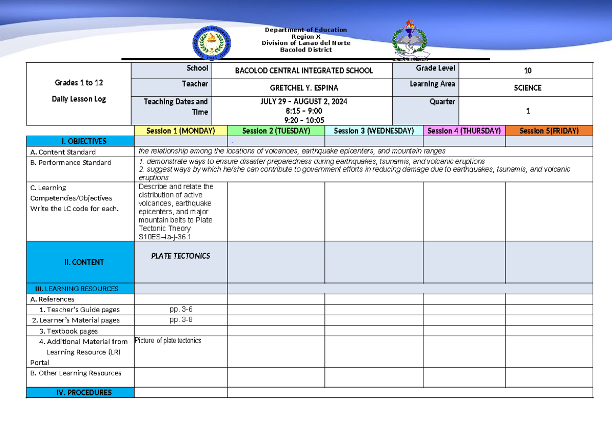 daily lesson log - Department of Education Region X Division of Lanao ...